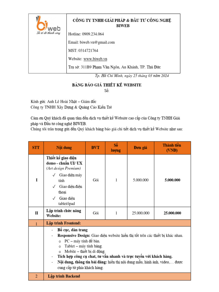 (Biweb - Kien Tre) Báo Giá Website | PDF