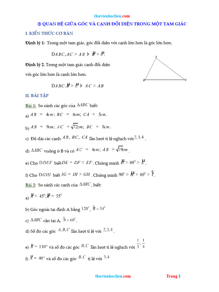 Bai Tap Hinh Hoc 7 Quan He Giua Goc Va Canh Doi Dien Trong Mot Tam Giac | PDF