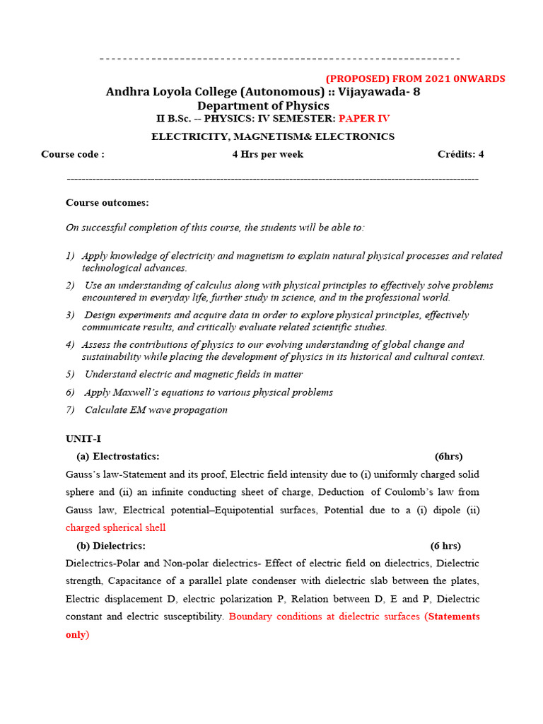 Electricity and Magnetism Syllabus | PDF | Inductance | Dielectric
