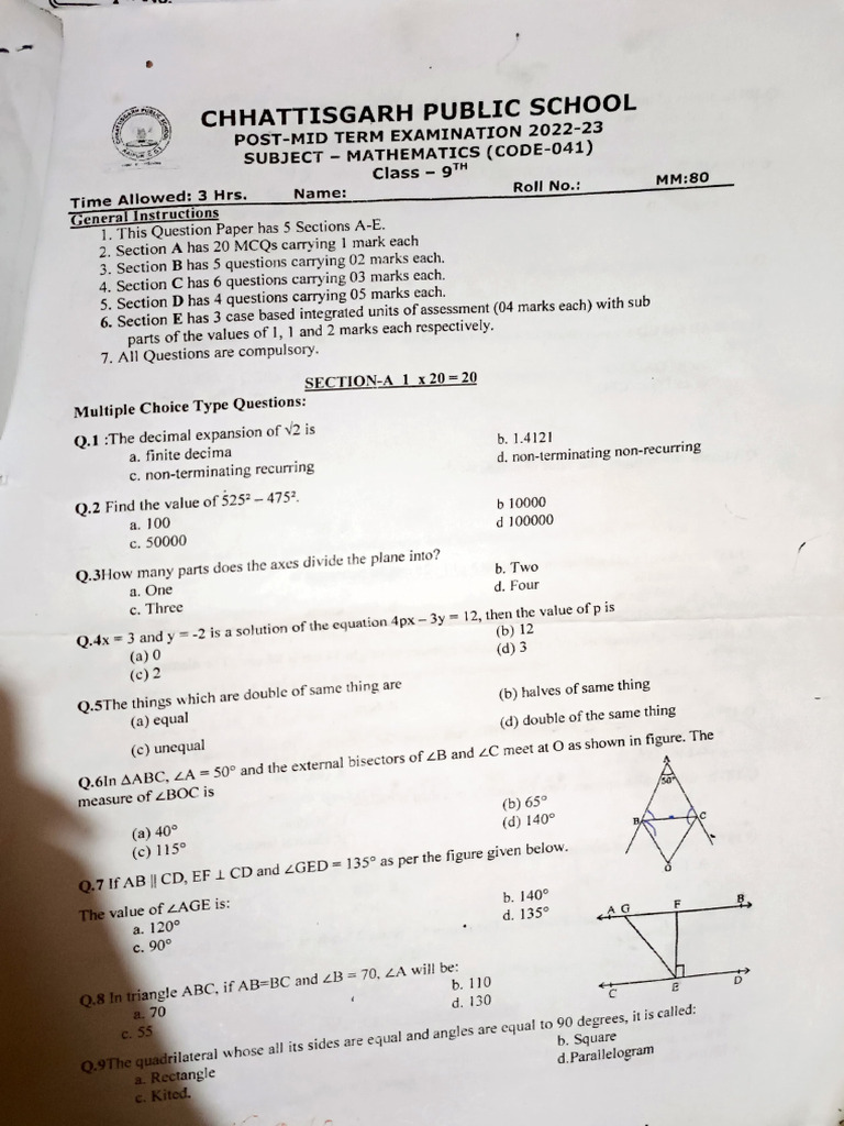 Maths Last Year Paper | PDF | Area | Elementary Mathematics