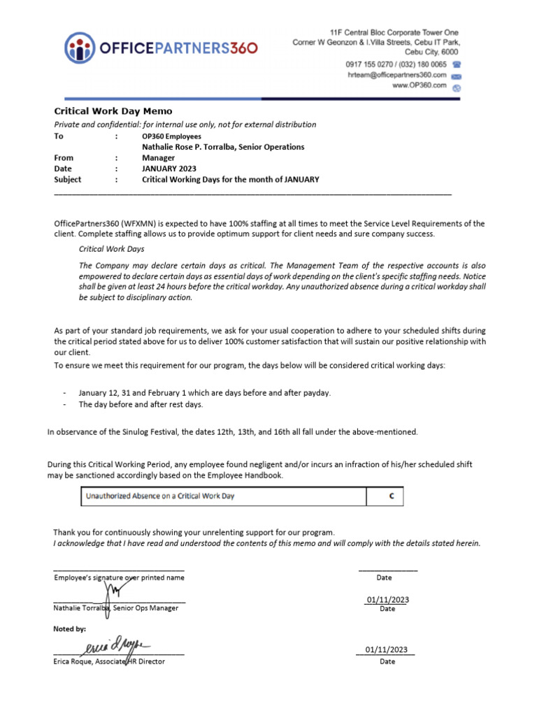 2023 - January Critical Work Day Memo - Docx (Signed) | PDF | Business