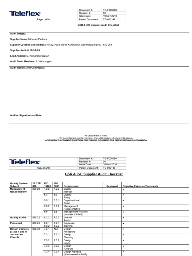 Adhavan Audit Check List TELEFLEX | PDF | Accounting