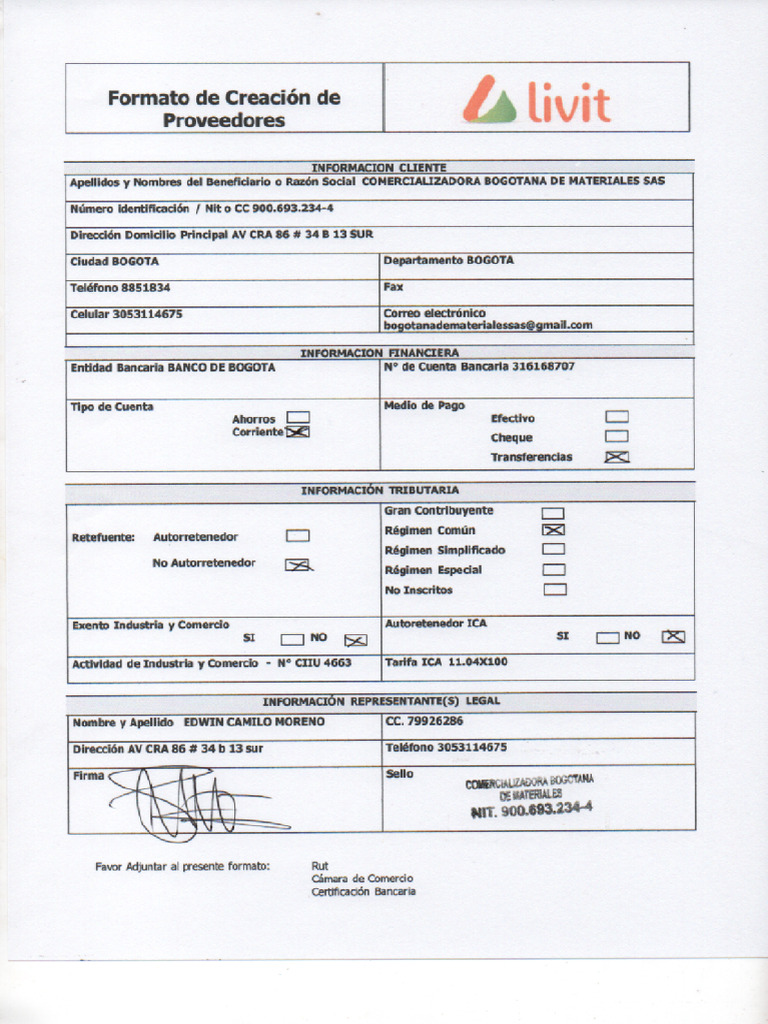 Formato Creación de Proveedores | PDF