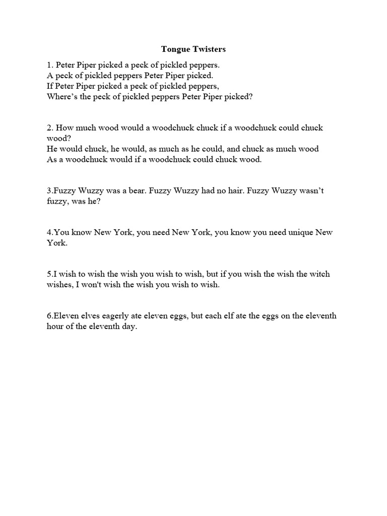 Fun and Challenging Tongue Twisters | PDF