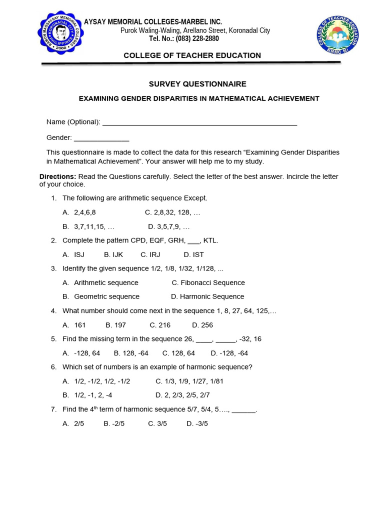 SURVEY QUESTIONNAIRE Research 2 | PDF | Mathematics | Arithmetic