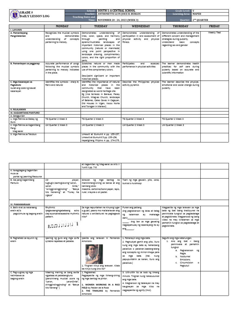 DLL_MAPEH 5_Q2_W3 | PDF | Differentiated Instruction | Cognitive Science