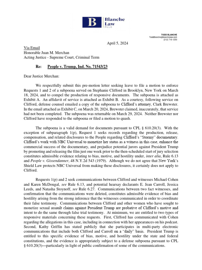 Subpoena Enforcement Motion in Trump Case | PDF | Witness | Discovery (Law)