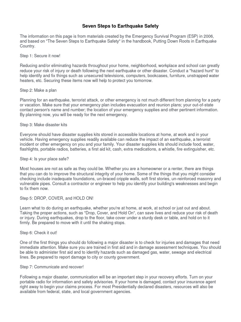 Seven_Steps_To_Earthquake_Safety | PDF | Civil Defense | Public Safety