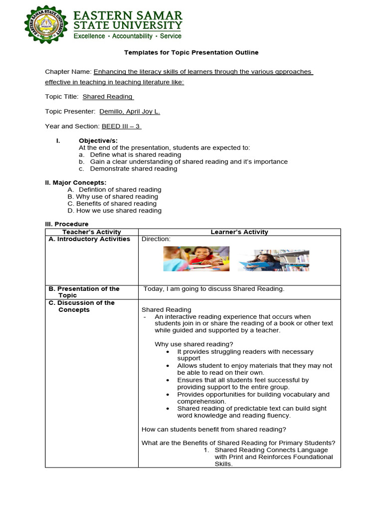 Shared Reading Topic Outline | PDF | Reading Comprehension | Behavior ...