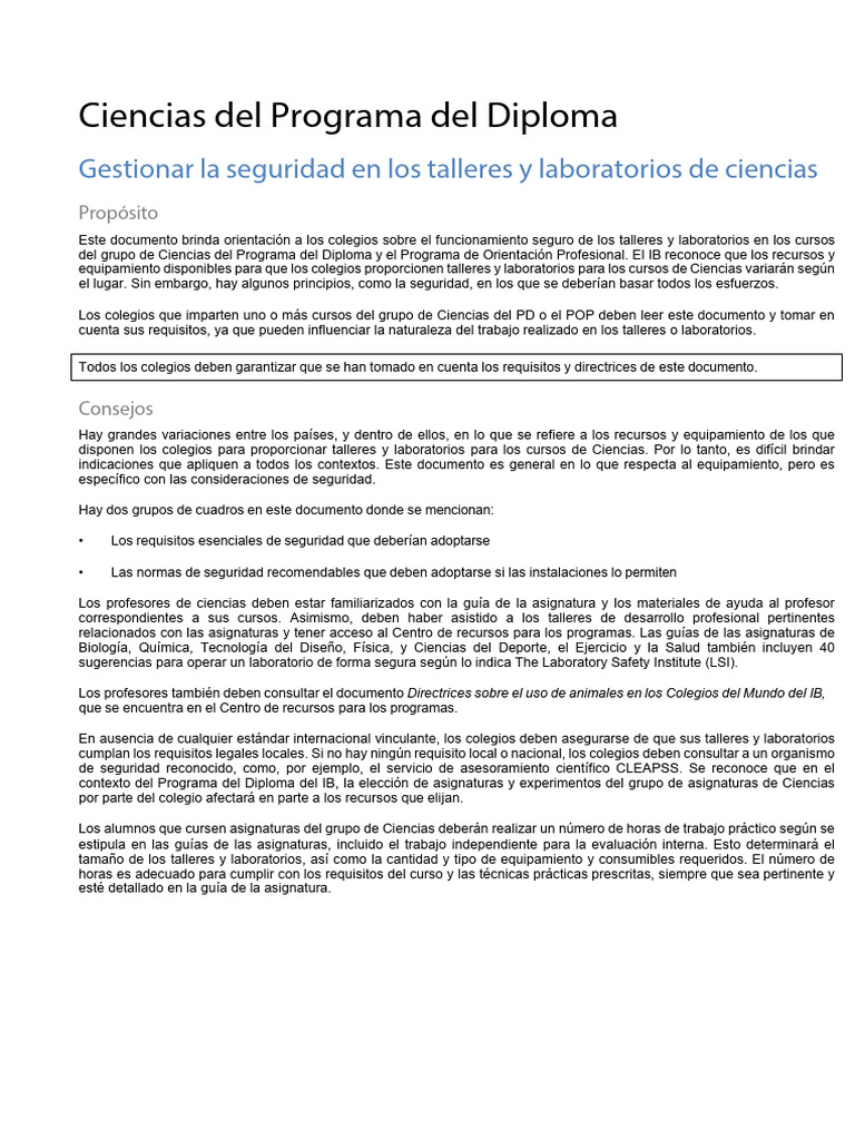 Seguridad en Talleres de Ciencias IB | PDF | Laboratorios