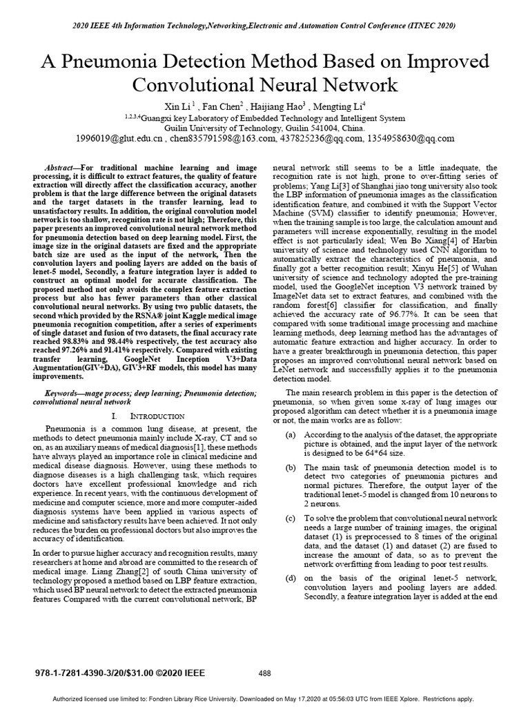 A Pneumonia Detection Method Based On Improved | PDF | Artificial Neural Network | Machine Learning