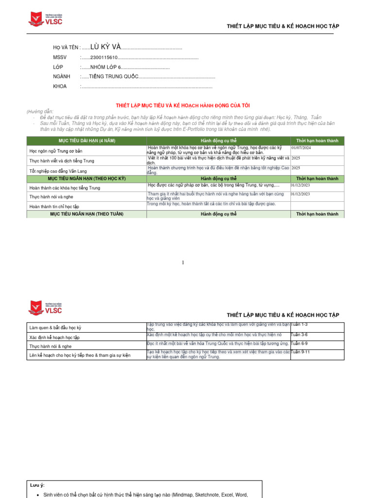 Muc Tieu Va Ke Hoach Hoc Tap | PDF