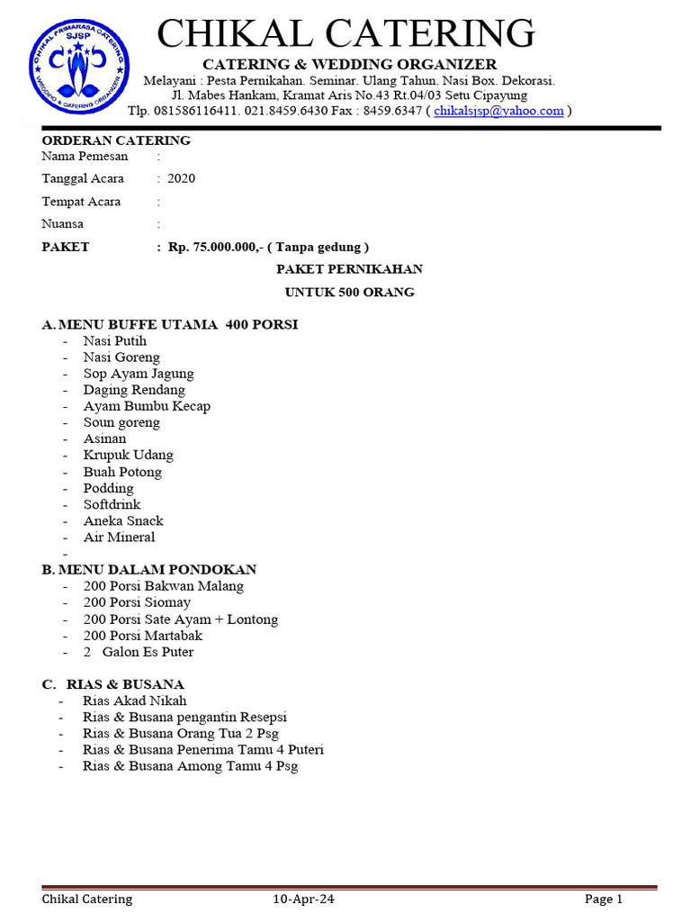 Paket Catering PT Chikal Primarasa | PDF