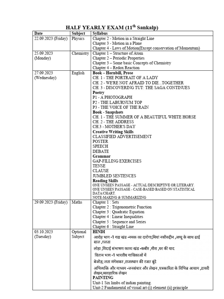 HALF YEARLY SYLLABUS (11th Sankalp) | PDF