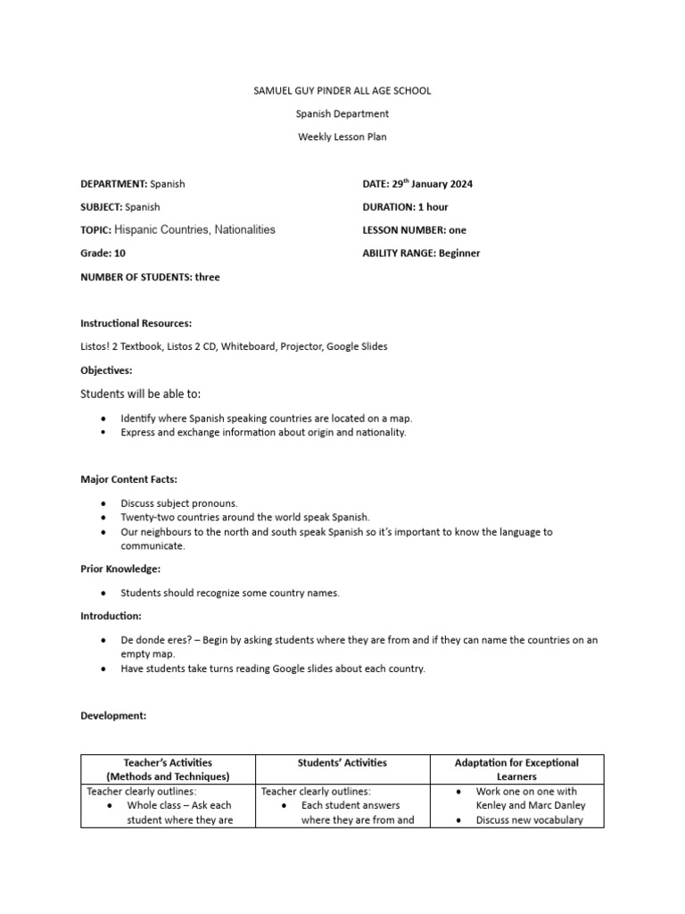 Spanish Speaking Countries Lesson Plan | PDF | Lesson Plan | Spanish ...