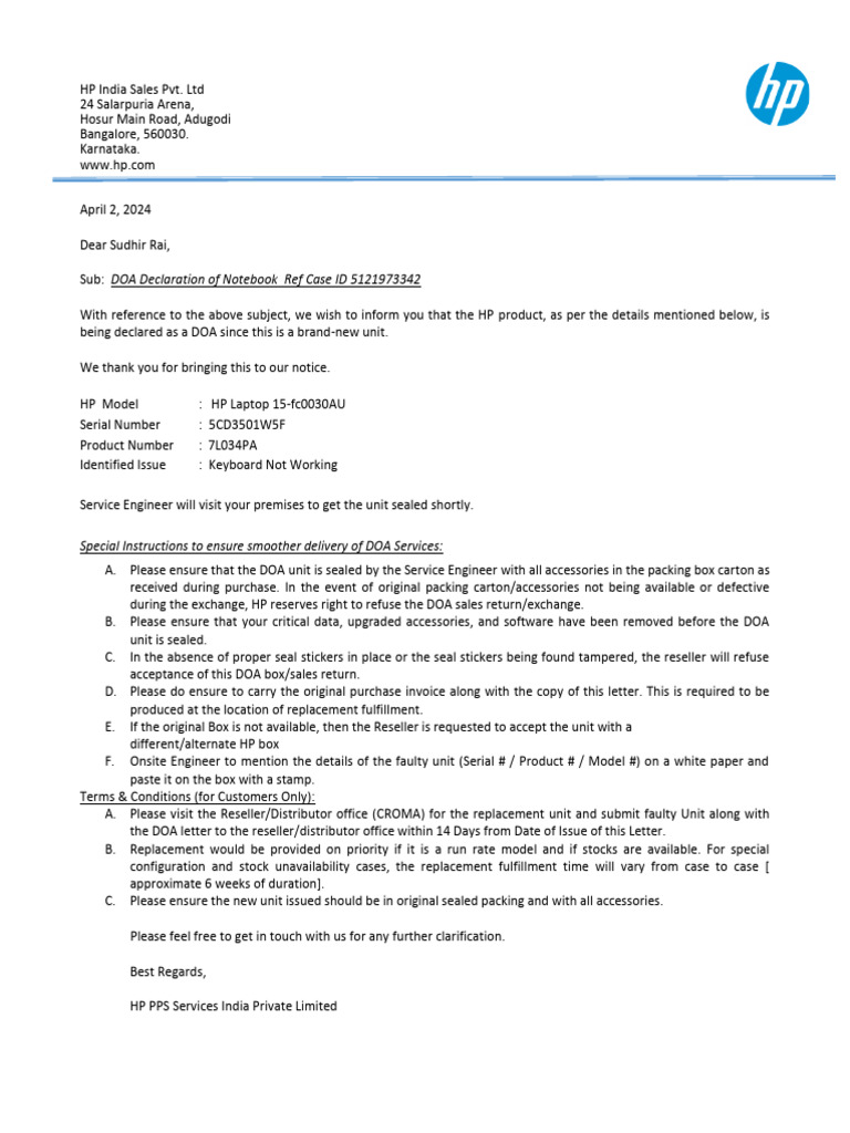 HP Laptop DOA Declaration Notice | PDF | Hewlett Packard | Personal ...