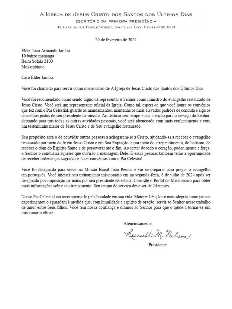 Joao Jambo-Mission Call Letter | PDF | Religião e Espiritualidade