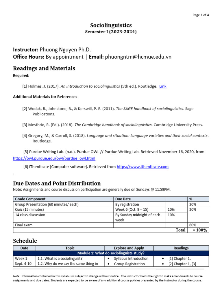 Sociolinguistics Course Syllabus 2023 24 Pdf Linguistics