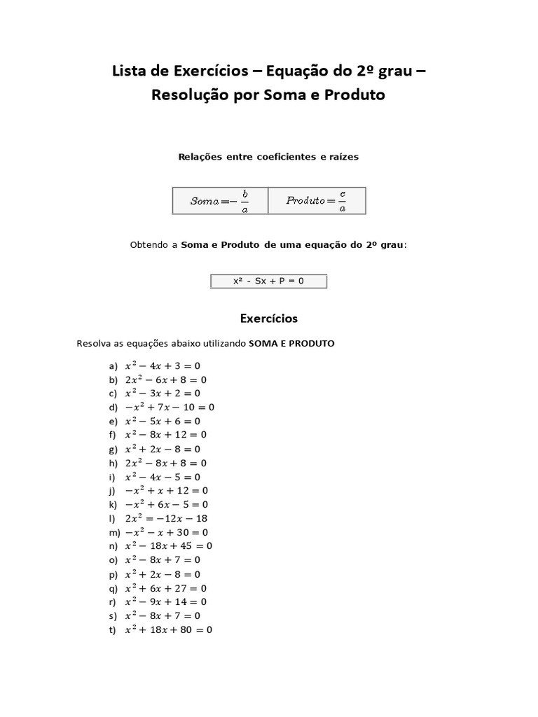 Lista de Exercc3adcios 1c2ba Soma e Produto | PDF