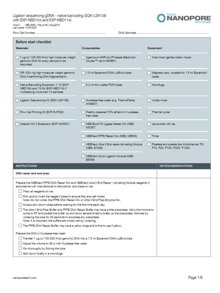 Ligation Sequencing GDNA - Native Barcoding (SQK-LSK109 With EXP-NBD104 ...