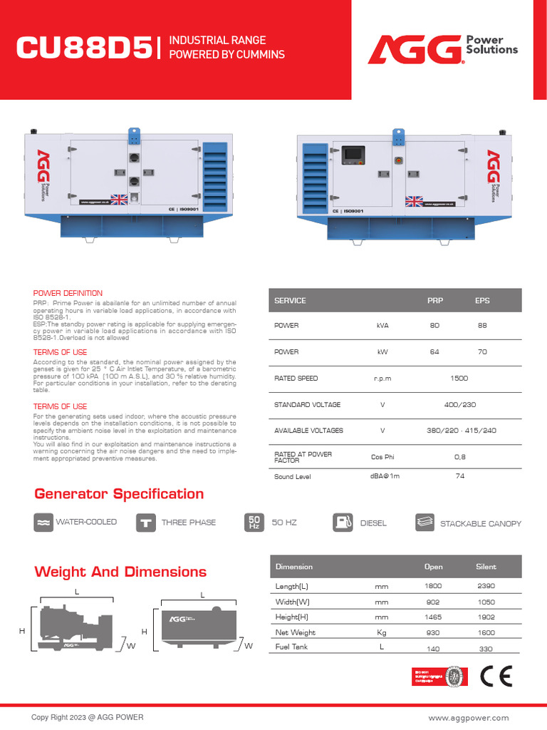 AGG CU88D5 80 kVA Diesel Generator Datasheet | PDF | Electrical Engineering | Electricity