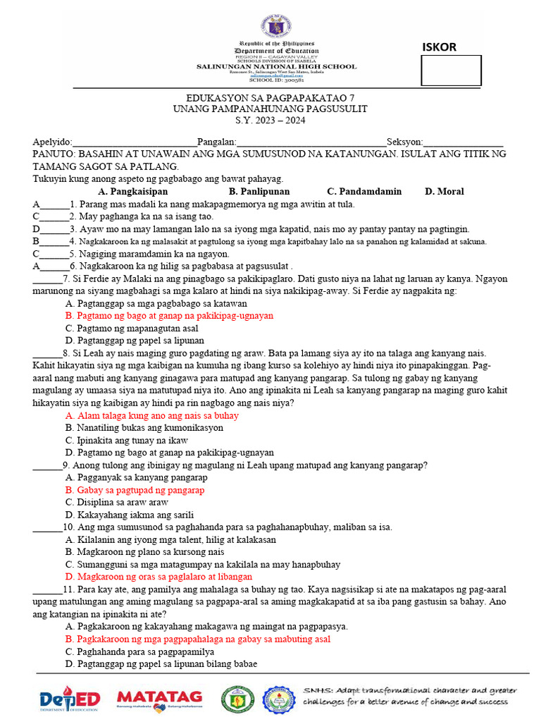 Esp7 Q1-Exam With Answer Key1 | PDF