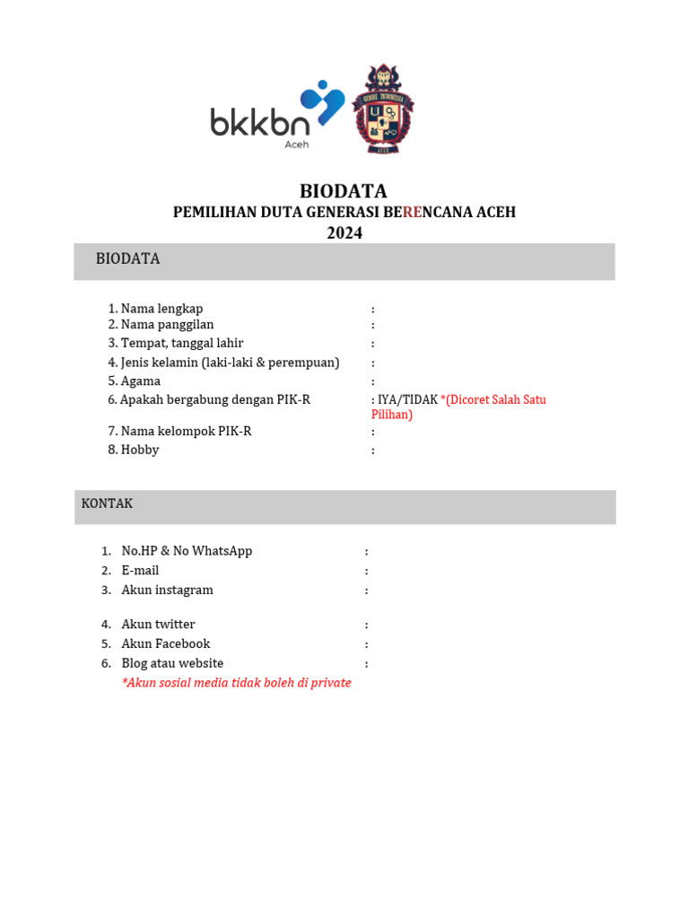 Form Biodata Pdga 2024 | PDF