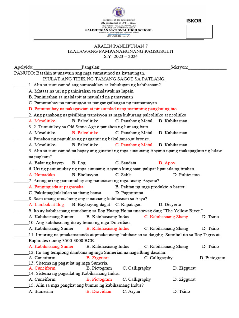 AP7-Q2 EXAM With Answer Key | PDF