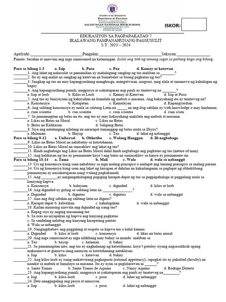 ESP7-Q2 EXAM To Print | PDF