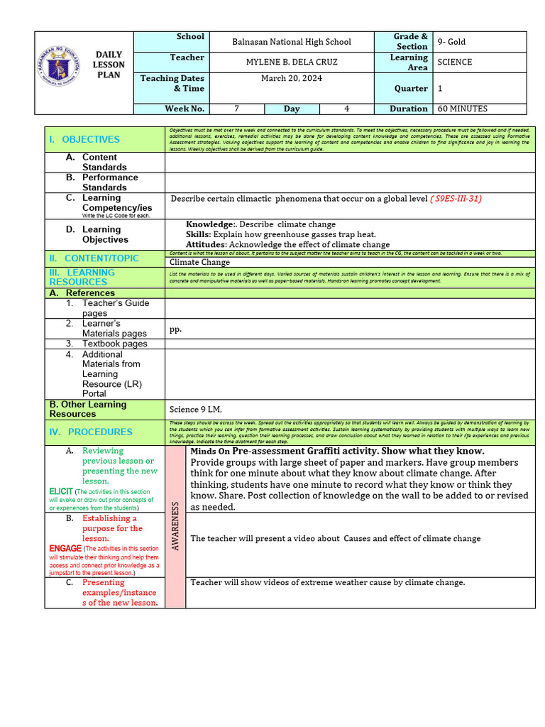 Grade 9 Science Lesson Plan on Climate Change | PDF | Climate Change ...