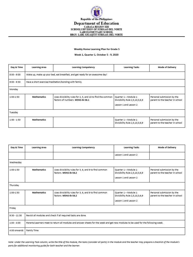 Weekly Home Learning Plans BAYANG | PDF | Human Communication | Teaching