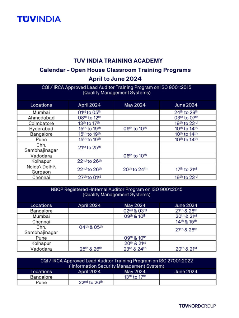 TUV India Training Academy Class Room Open House Training Calendar ...