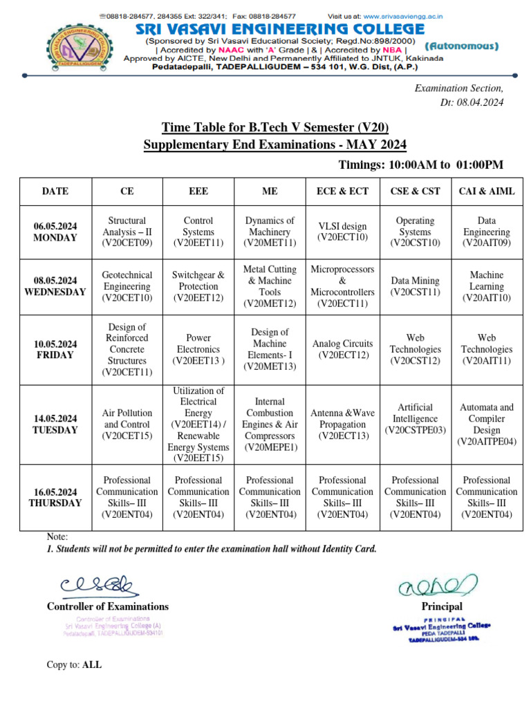 May-24 B.Tech.V Sem (V20) Supple - End EXAMtimtable | PDF | Electricity | Computer Engineering