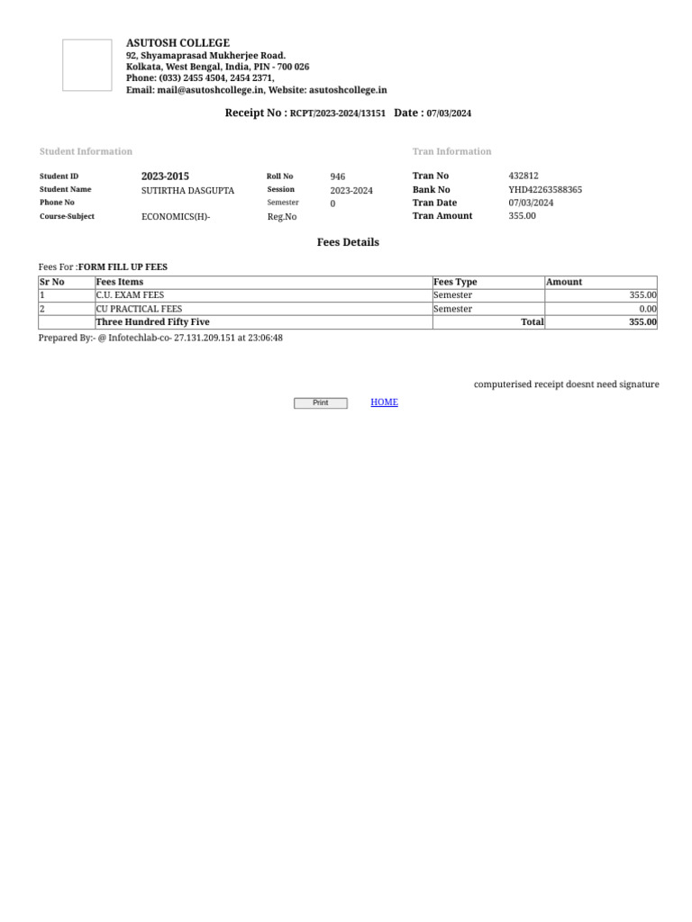 Cloud - Asutoshcollege.in Studentportal SP Printreceipt - Aspx | PDF
