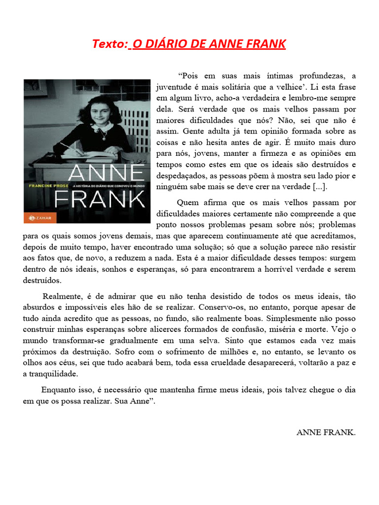 Diario de Anne Frank Atividade e Texto | Download grátis PDF | Verdade | Tempo