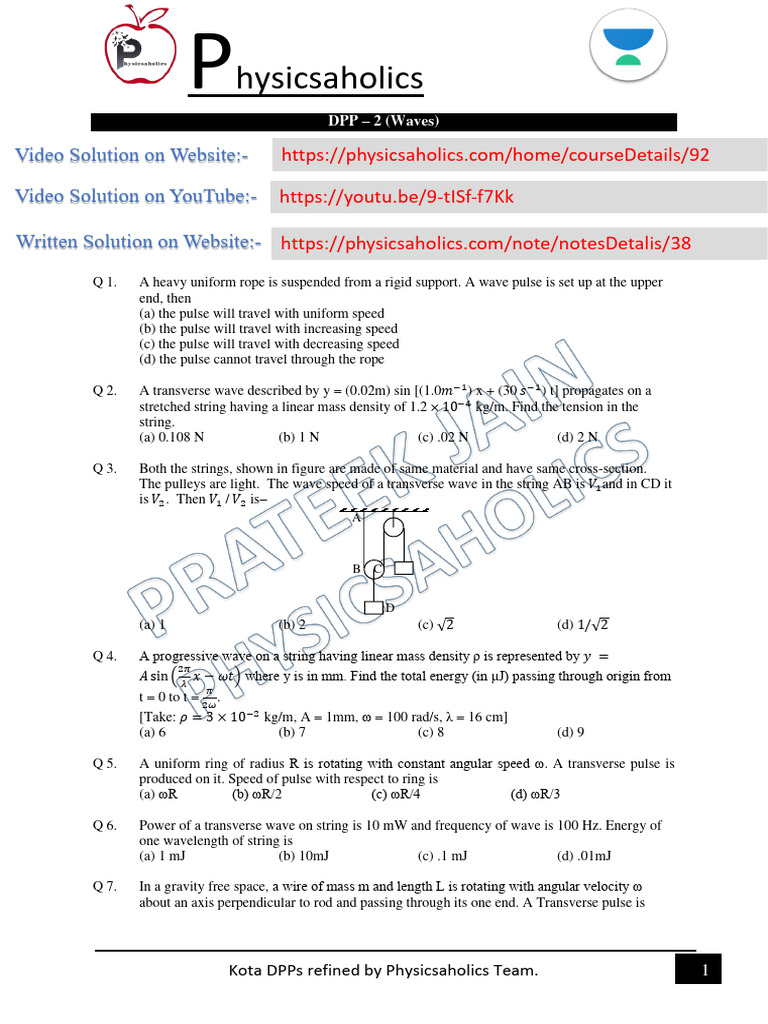 uploads1642347396DPP-2 (JEE Main & Adv.) Waves - Waves On String & Energy Related To Travelling ...