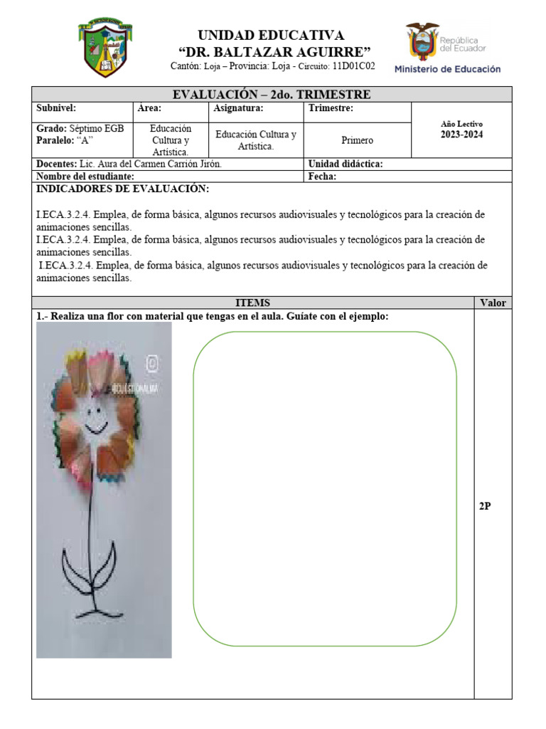 EVALUACION PRIMER TRIMESTRE 7mo QUINARA - ECA | PDF