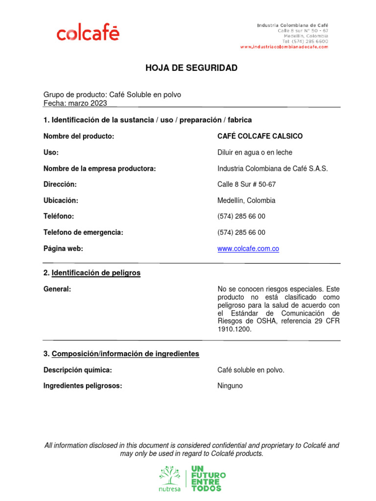 Hoja de Seguridad: Café Soluble | PDF | Administración de Seguridad y Salud Ocupacional | Agua