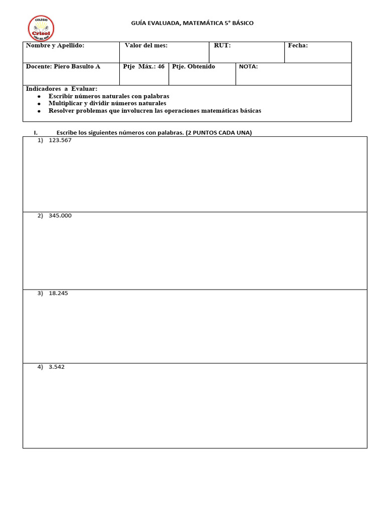 Guía de Matemáticas 5° Básico Evaluada | PDF