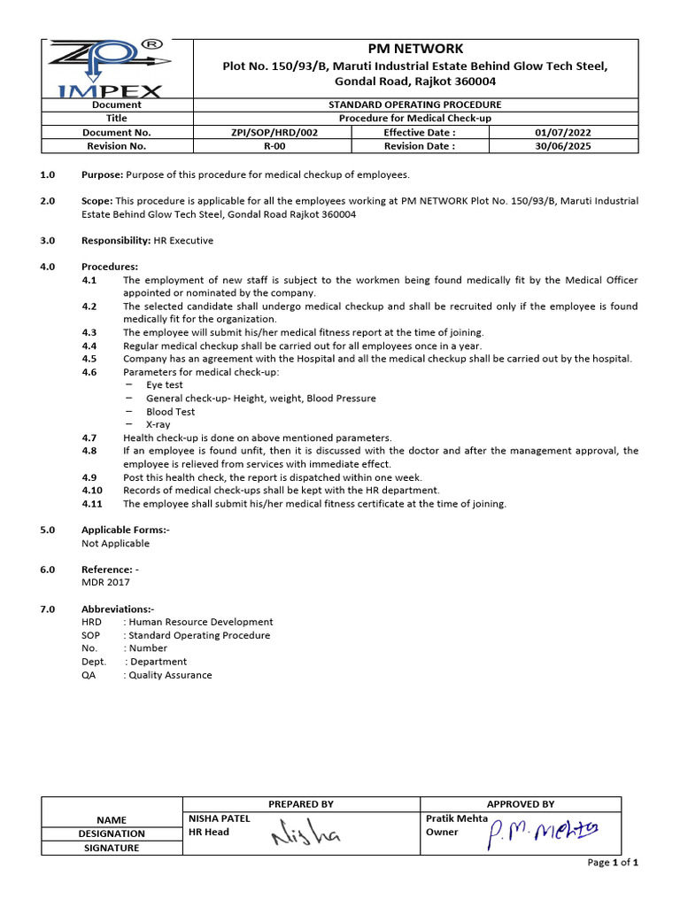 Annual Medical Check-up SOP for Employees | PDF | Physical Examination ...