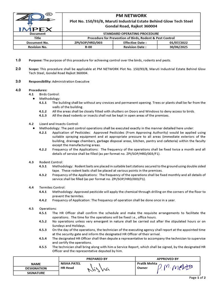 Pest Control SOP for Birds and Rodents | PDF | Pest Control