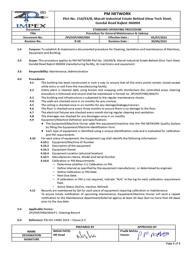 SOP For Plant Miantenance - Upkeep | PDF | Calibration