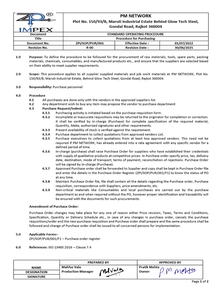 SOP For Procedure of Purchasing | PDF | Specification (Technical ...