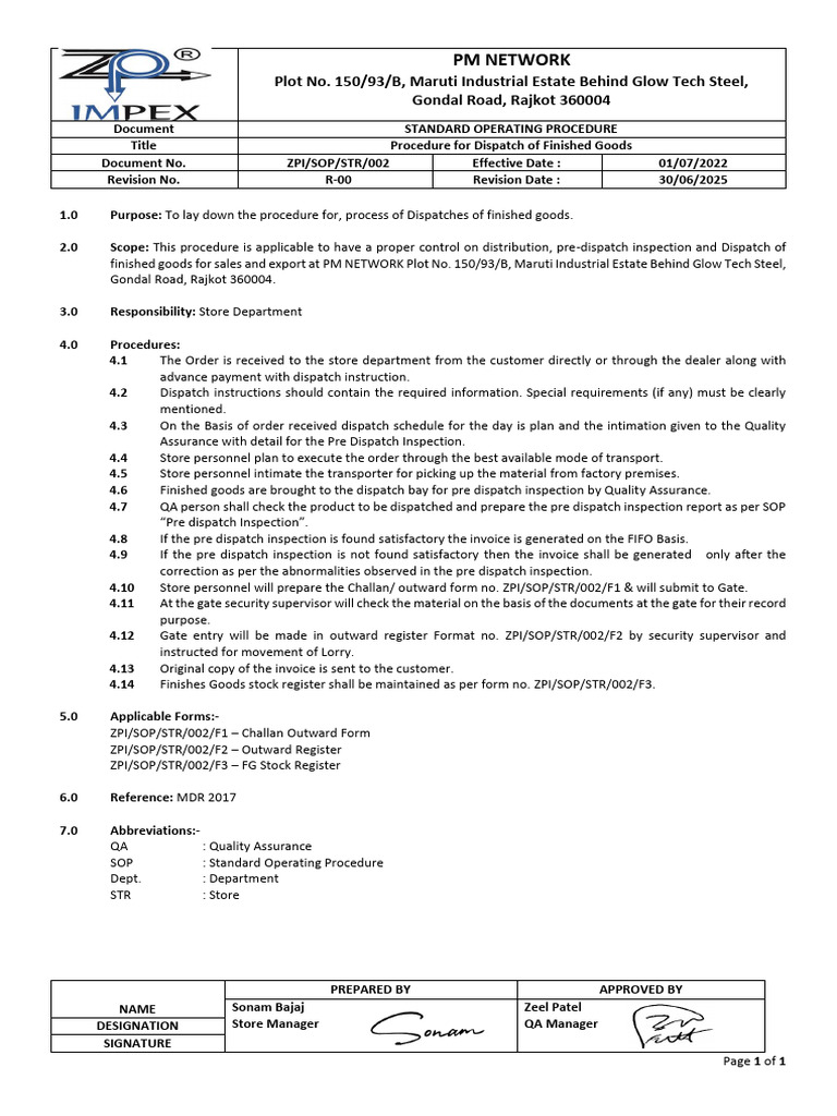 SOP For Dispatch of Finished Good | PDF | Quality Assurance