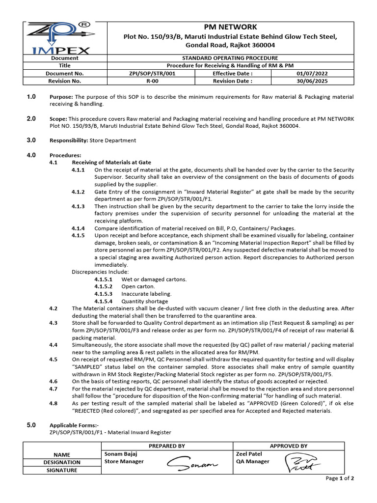 SOP for Receiving _ Handling of RM _ PM | PDF