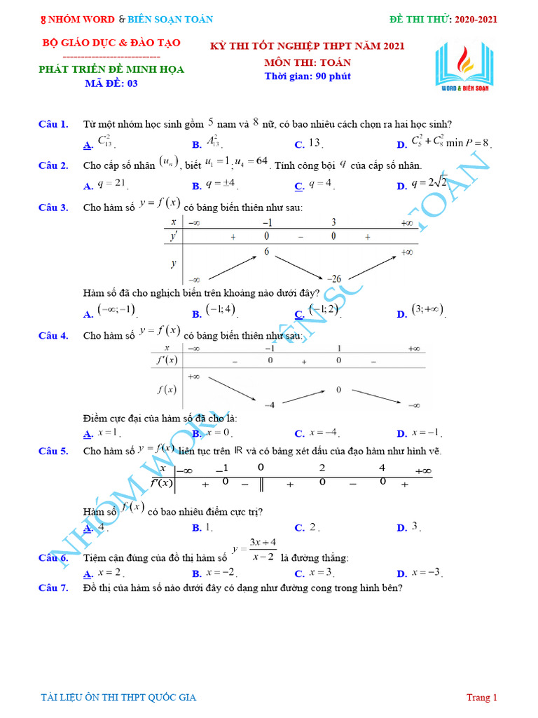 NW358 ĐỀ 03 PHÁT TRIỂN ĐỀ MINH HỌA THI TN THPT 2020 2021 GV | PDF