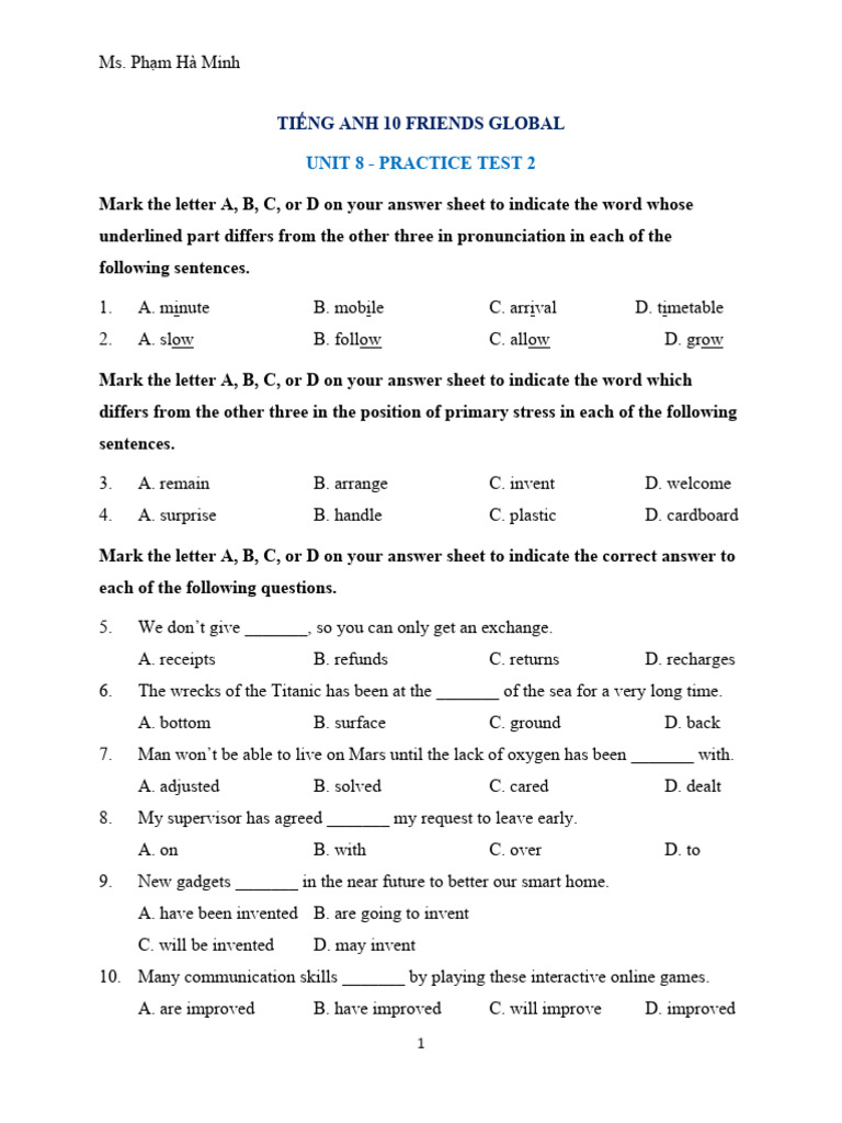 Tieng Anh 10 Friends Global - Unit 8 - Test 2 | PDF | Telephone ...