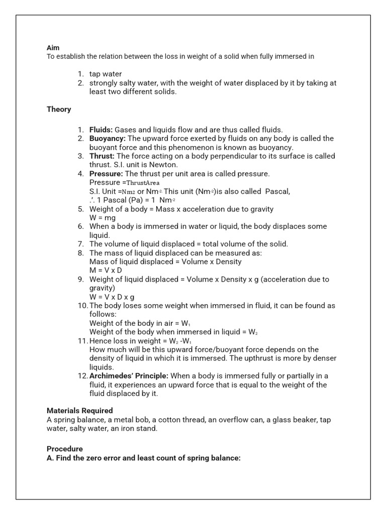 Archimedes' Principle Experiment Guide | PDF | Buoyancy | Physical ...