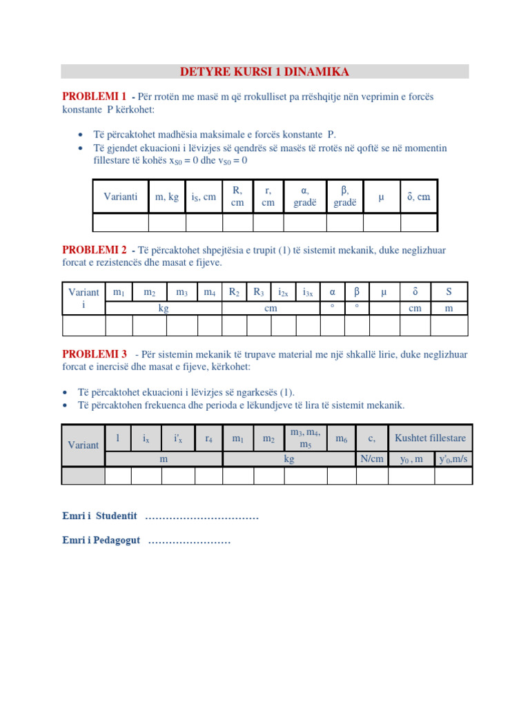 Detyre Kursi 3 - Dinamika - Problemi 1-2-3-M | PDF