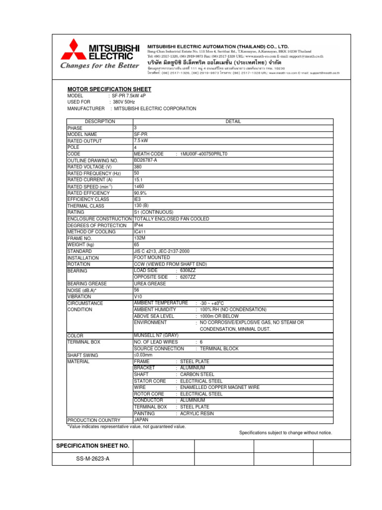 Motor Specification Sheet: SS-M-2623-A | PDF | Electrical Engineering | Electrical Components